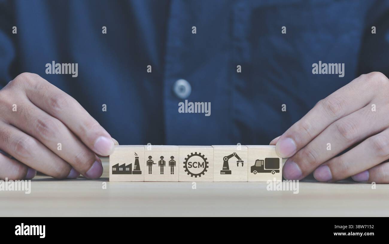 Supply Chain Management - SCM concept with icon on wooden cube stack ...