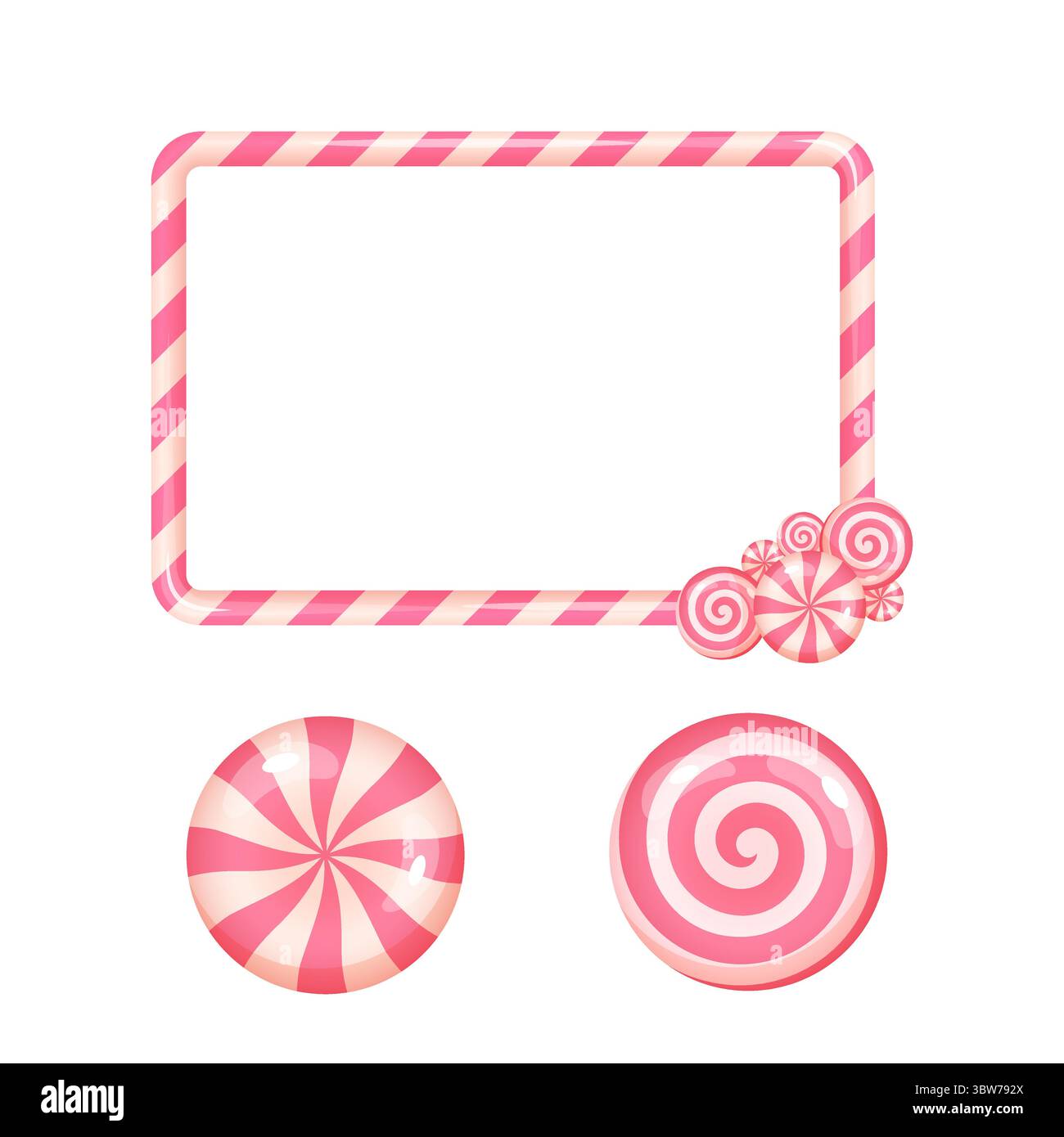 Horizontal pink candy cane frame with swirled peppermint sweets and two ...