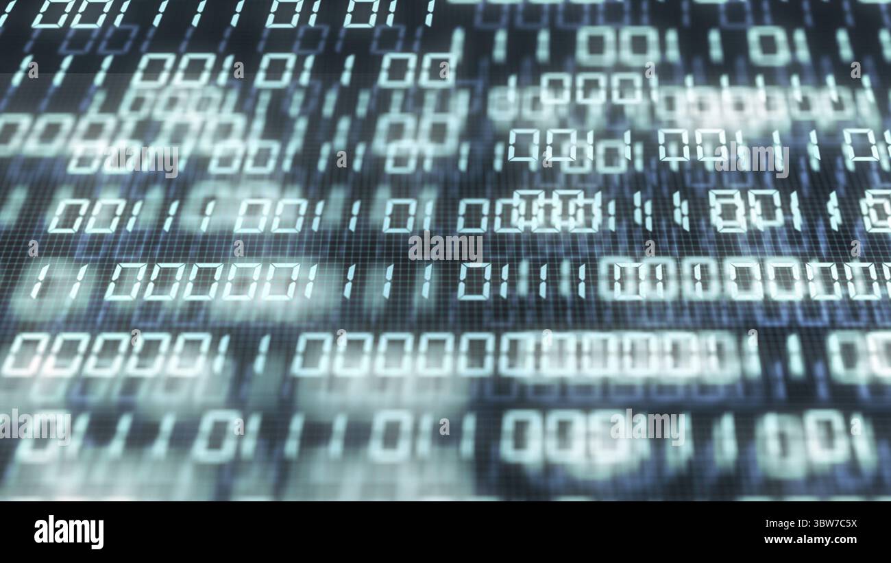 Digital binary code number on the computer display screen background. Blue green digital numeral ...