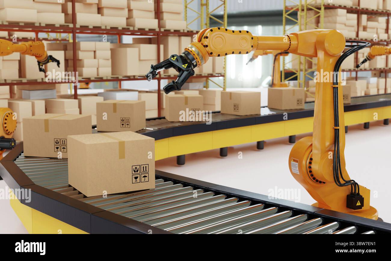 Industrial robot arm grabbing the cardboard box on roller conveyor rack ...