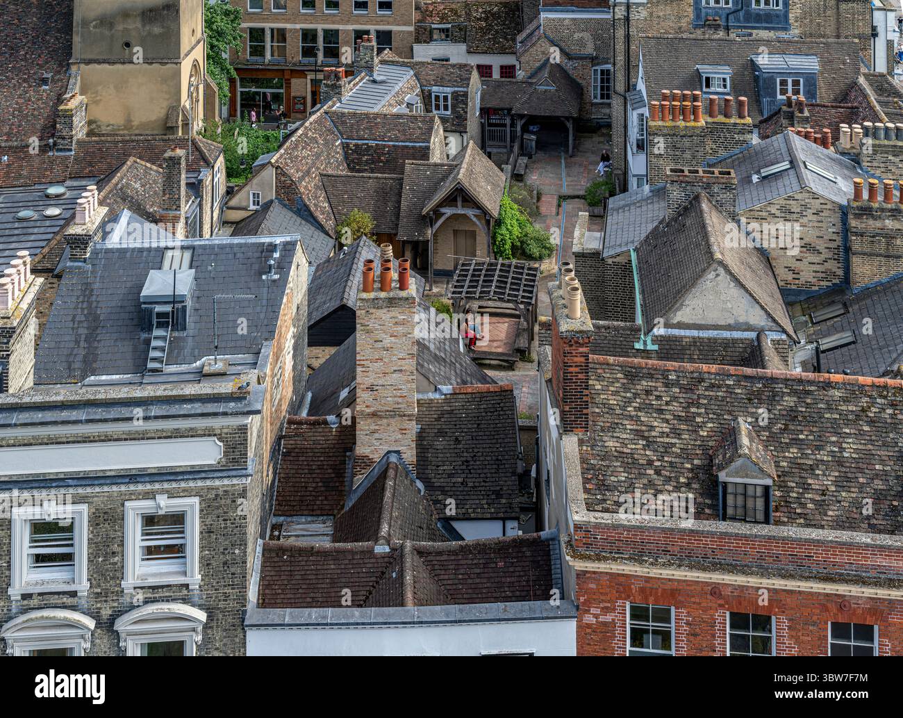 Early evening cityscape over the rooftops of Cambridge England UK. Shot ...