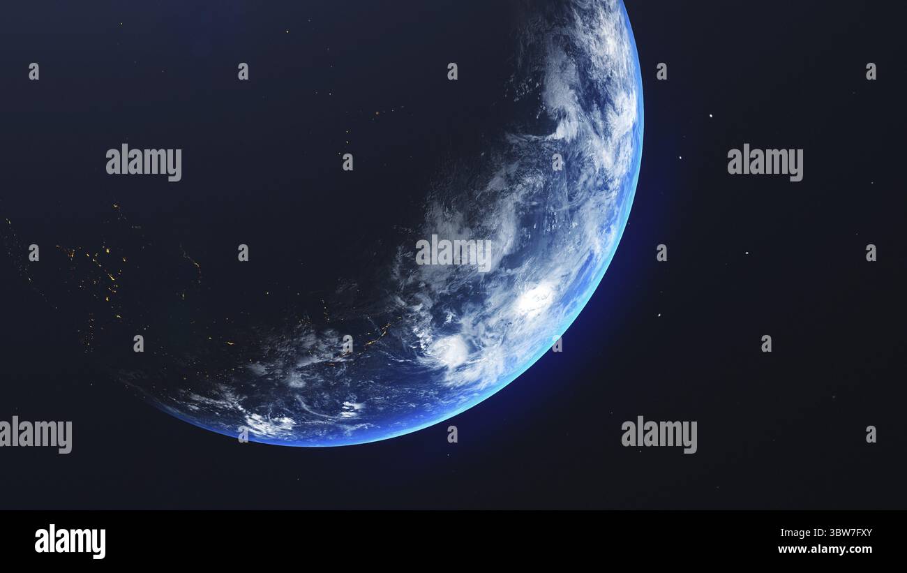 Earth in space view with shining sunrise in universe and galaxy ...