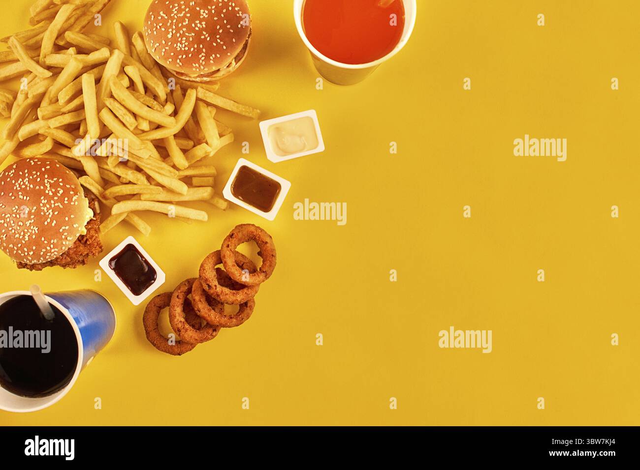 Fast food concept with greasy fried restaurant take out as onion rings ...