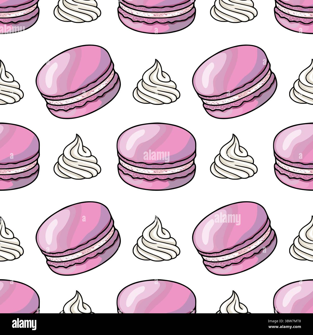 Seamless vector pattern of pink macarons and whipped cream swirls, a delightful illustration ...