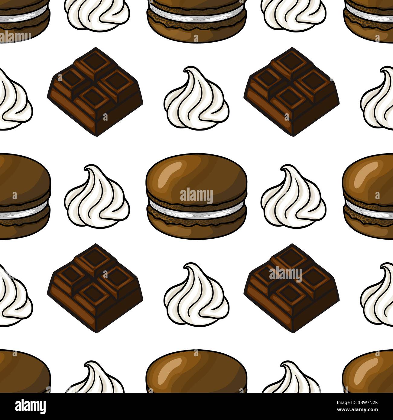 Seamless vector pattern of delicious chocolate macarons, creamy swirls ...