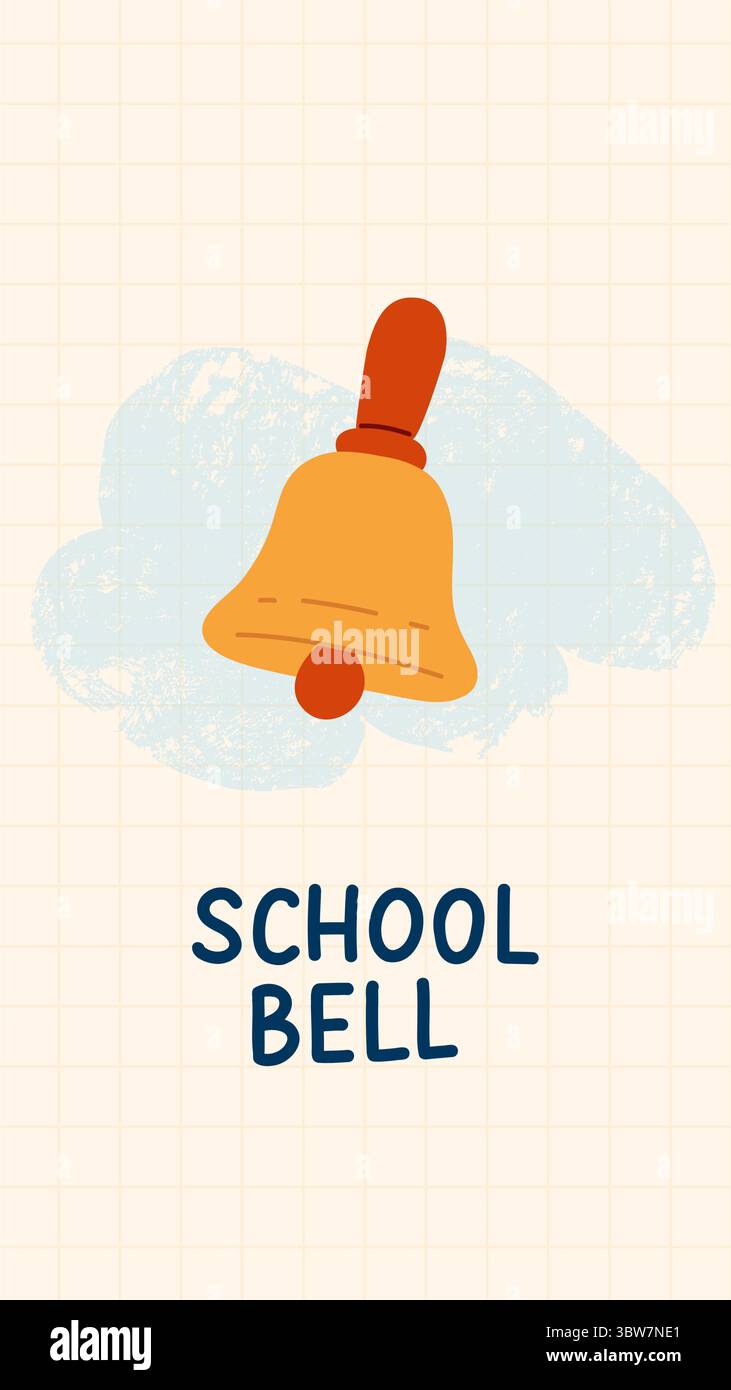 Vector illustration of a yellow school bell on a notebook grid ...