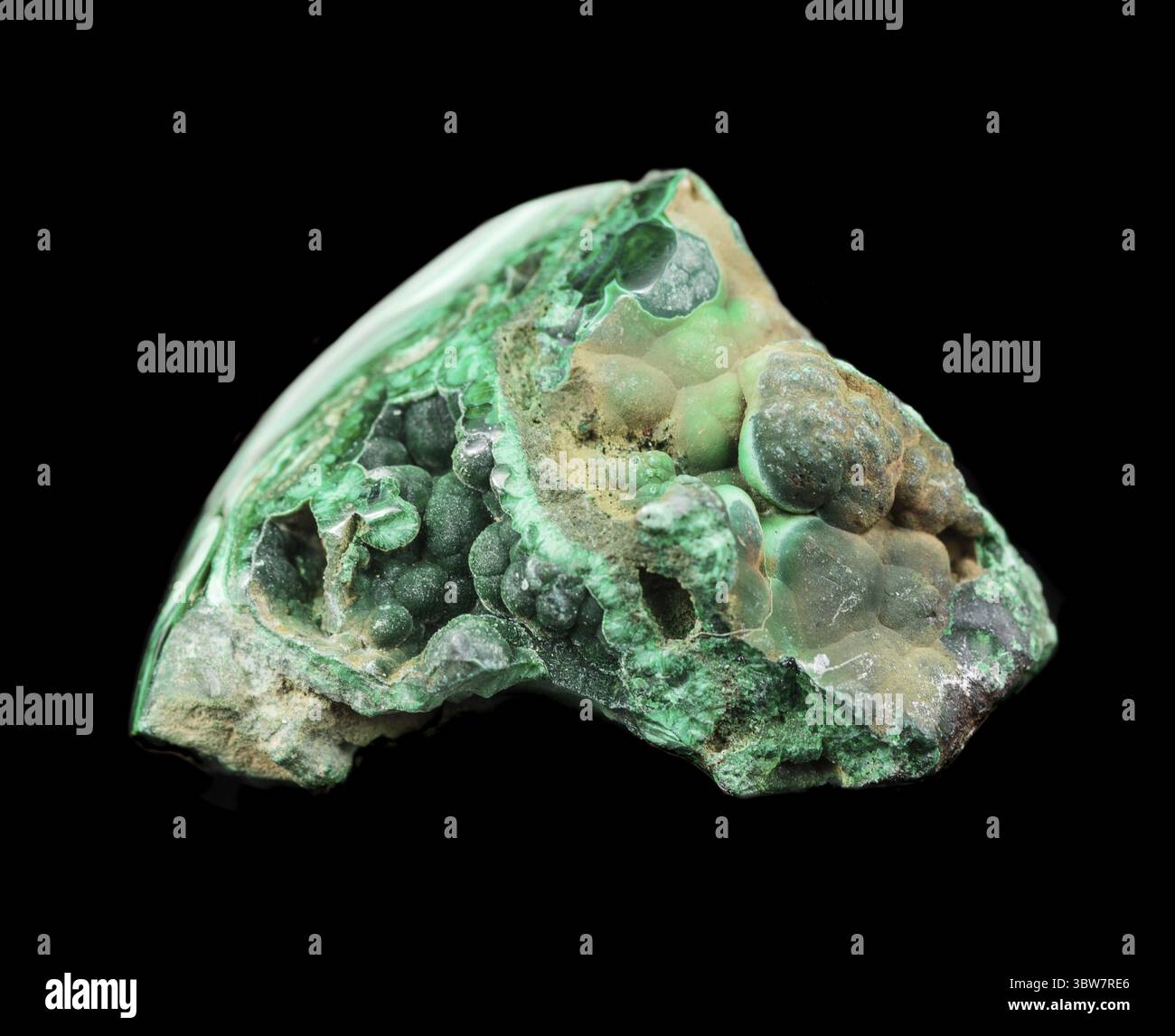 Collection mineral specimen of green malachite, copper ore, isolated on ...