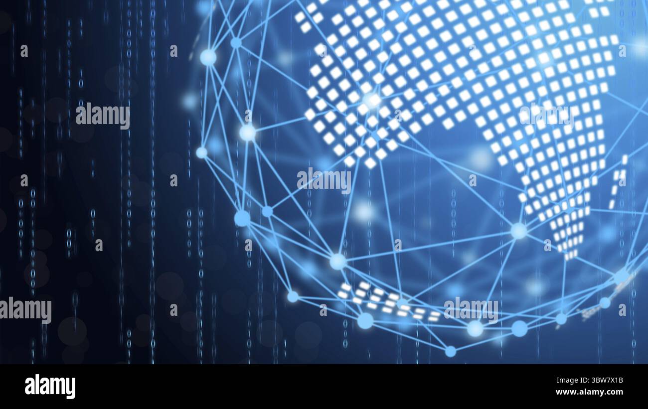 Blue technology circle and computer science abstract background with blue and binary code matrix ...