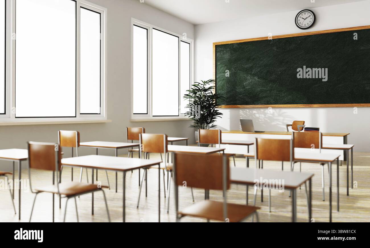 Empty white classroom background with green chalkboard table and seat ...
