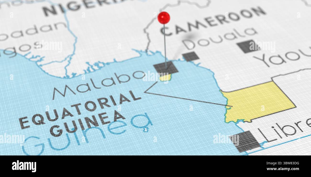 Equatorial Guinea, Malabo - push pin on political map - 3D illustration ...