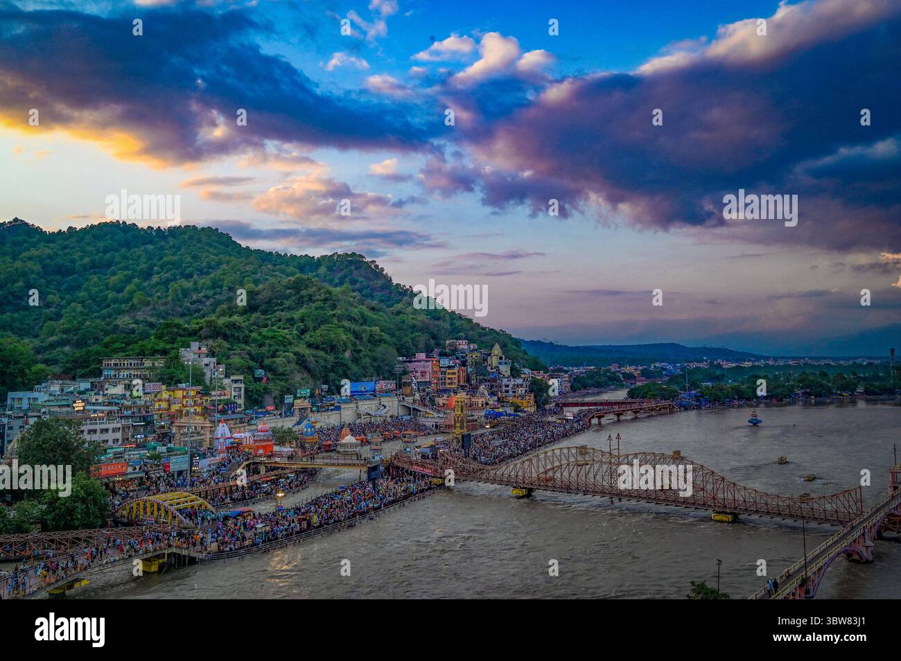 HARIDWAR, INDIA - JUNE 27: An aerial view of Har ki Paudi during Ganga ...