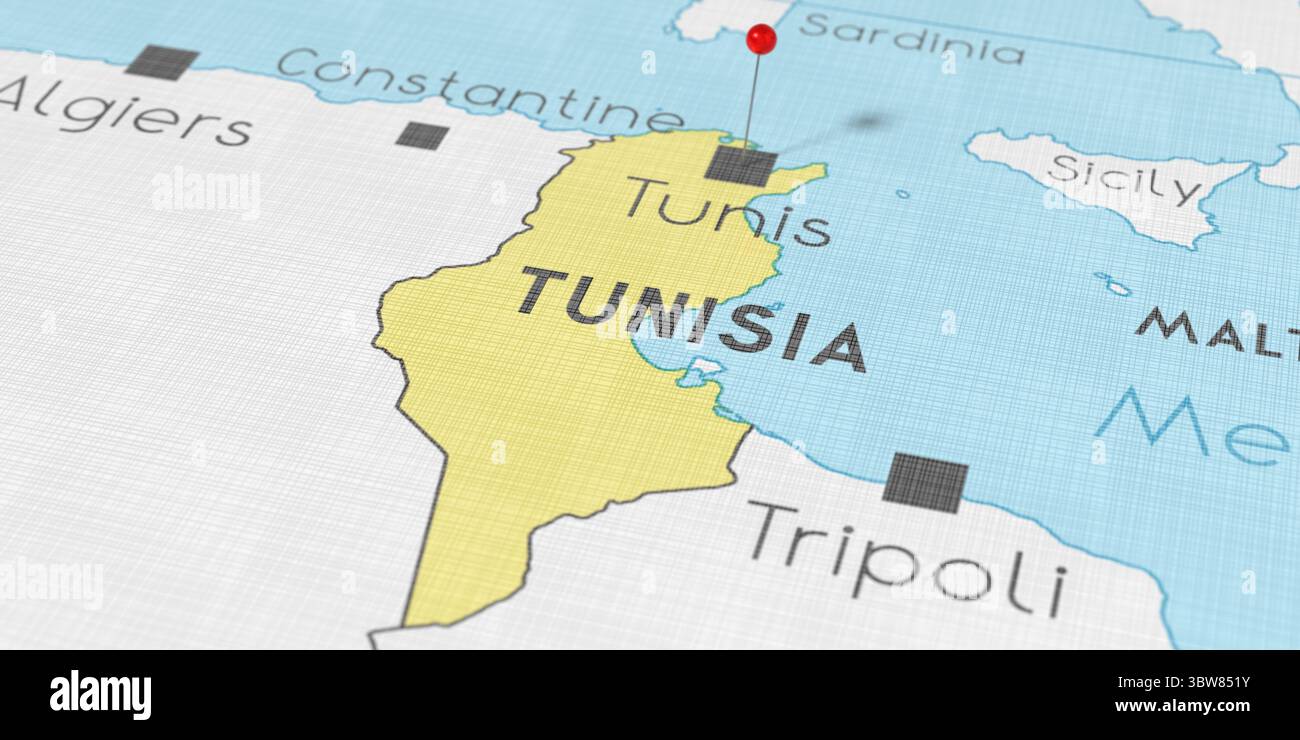 Tunisia, Tunis - push pin on political map - 3D illustration Stock ...