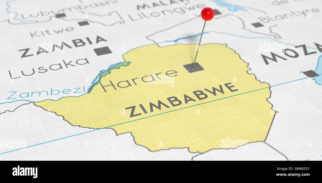 Zimbabwe, Harare - push pin on political map - 3D illustration Stock ...