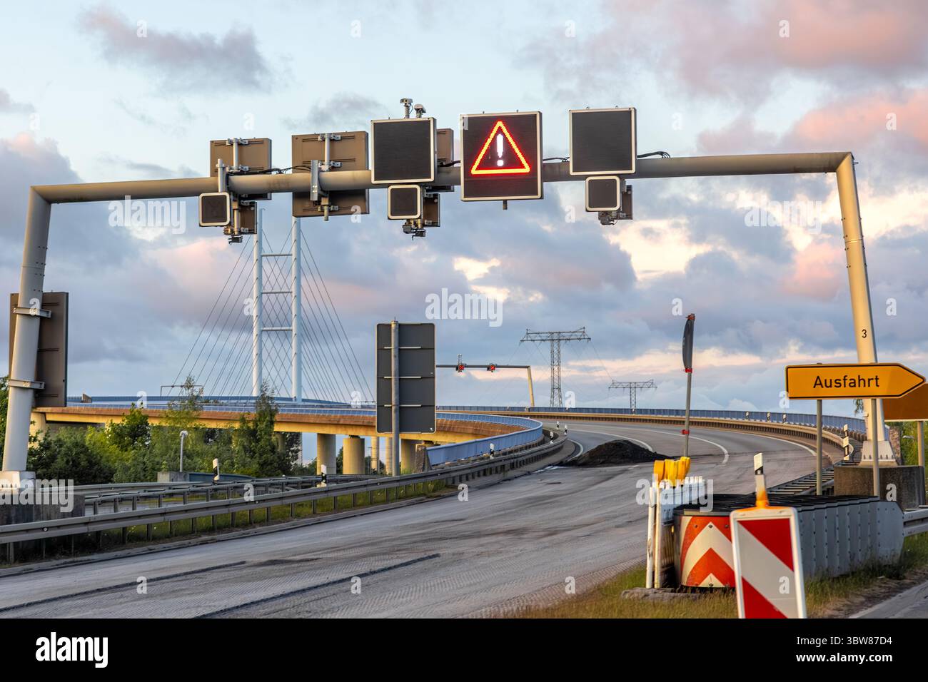 Traffic signs. Bridge. Highway reconstruction Stock Photo - Alamy