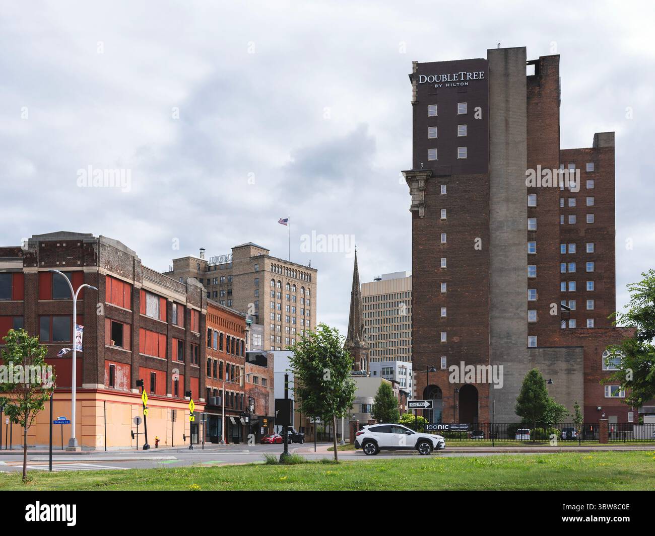 Utica, NY - Jul 8, 2025: Utica Downtown view with DoubleTree by Hilton ...