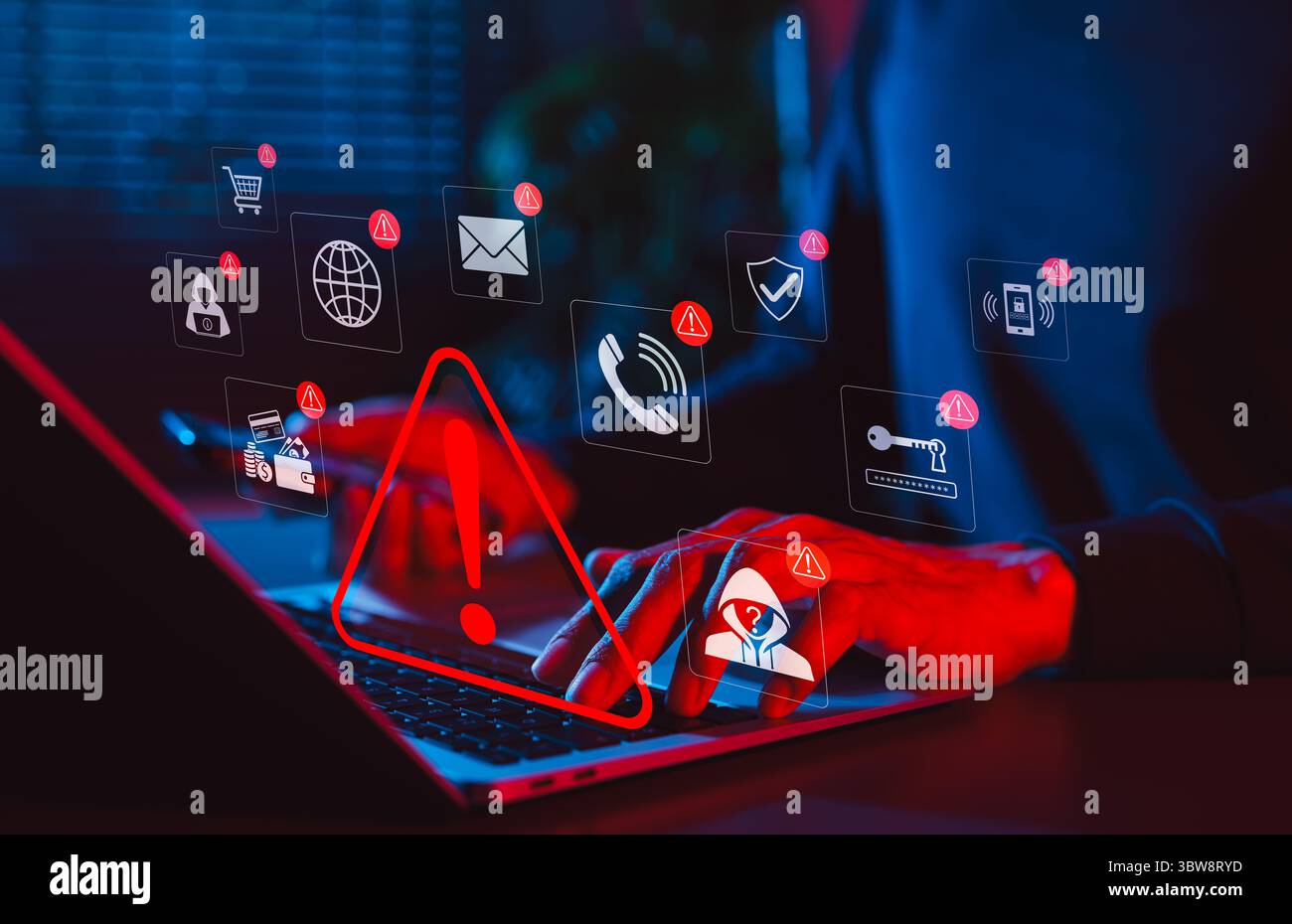 Online scam alert and cybersecurity warning concept. Man holding phone ...