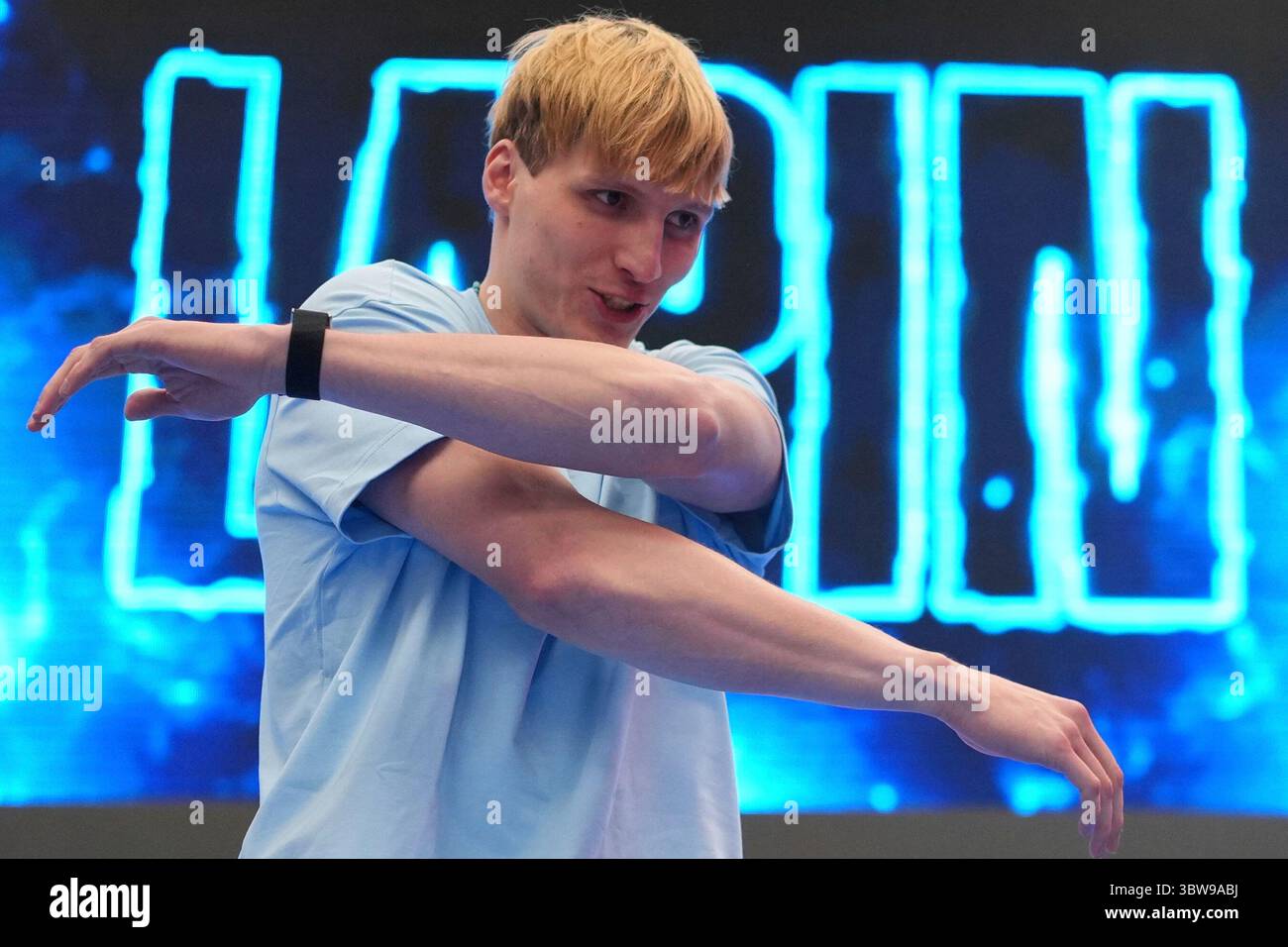 Ukraine's boxer Daniel Lapin warms up during a public workout at BoxPark near Wembley stadium in ...