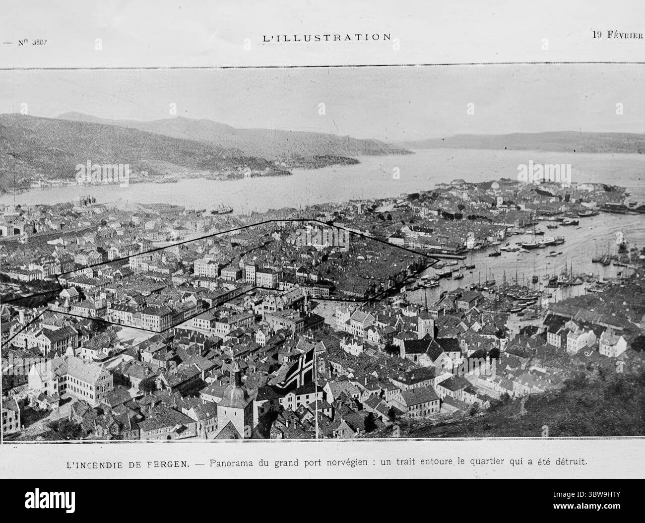 Panoramic view of Bergen, Norway, showing the area destroyed by the ...