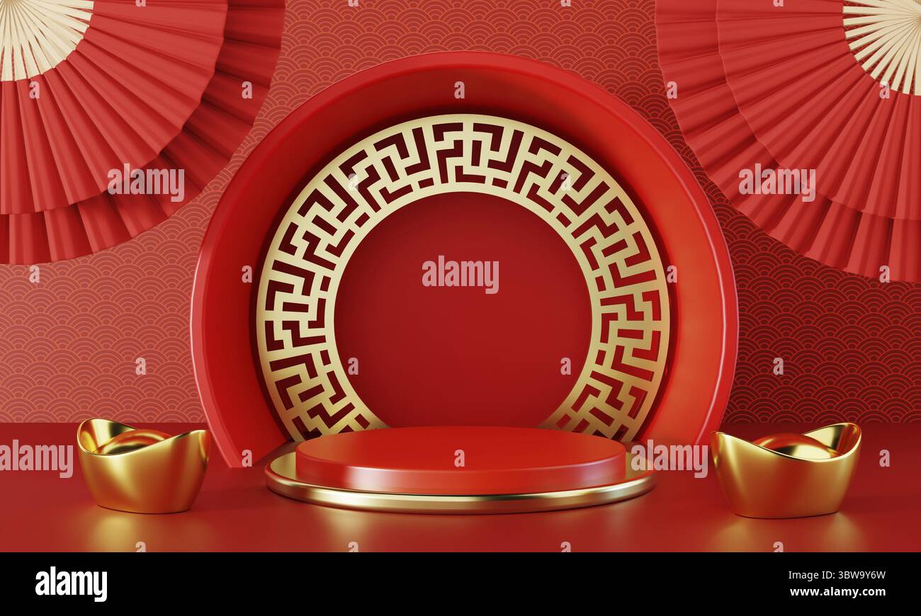 Chinese New Year red podium stage with gold ingot and hand-folded fan ...