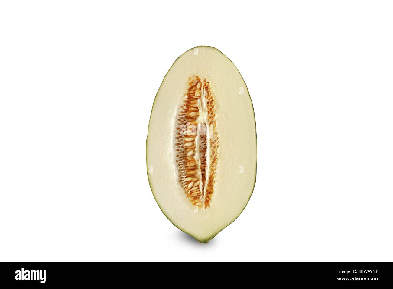 Half of yummy, ripe, green tendral melon in a cross-section, isolated ...