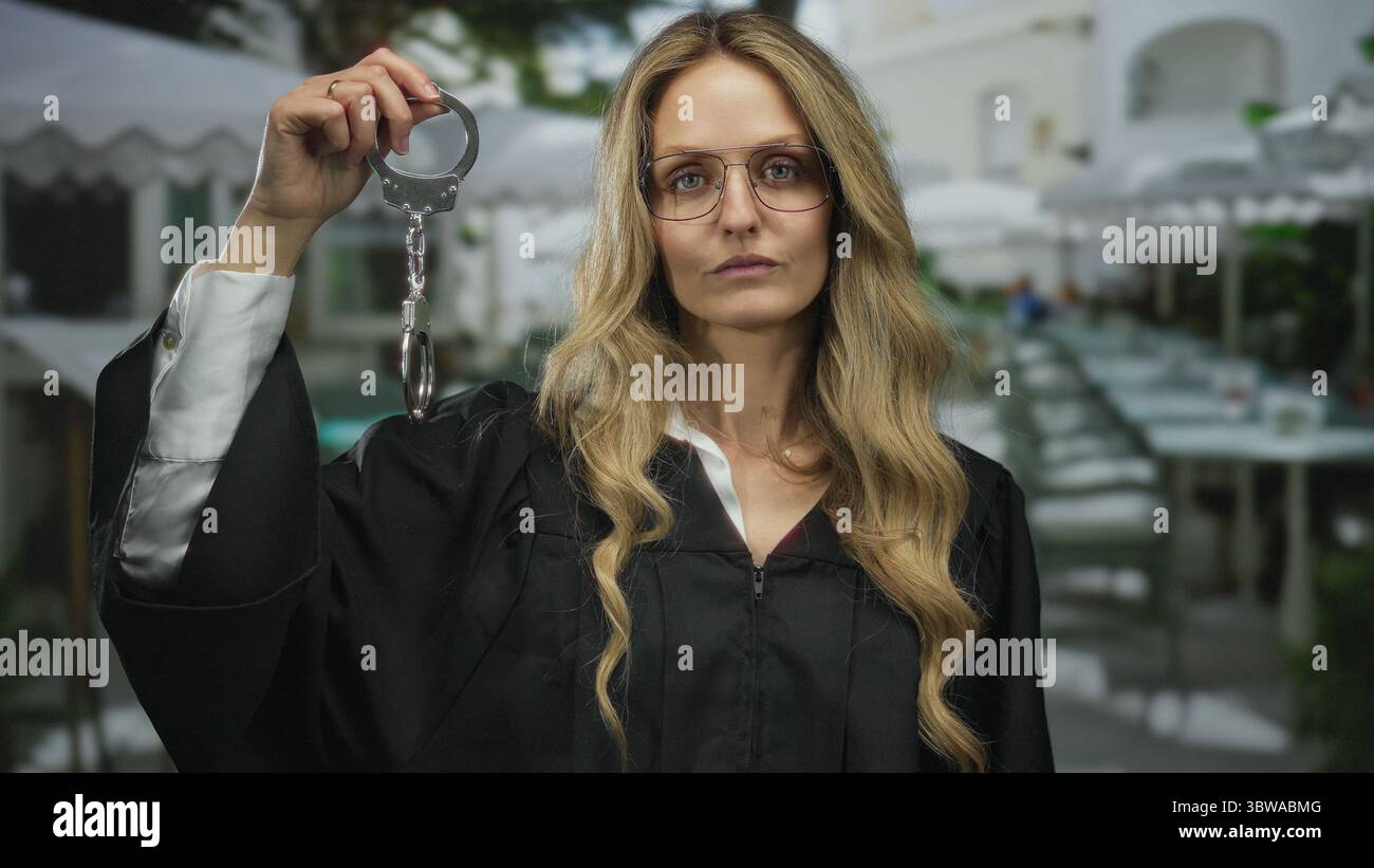 Woman judge holding handcuffs on a restaurant terrace, wearing uniform ...