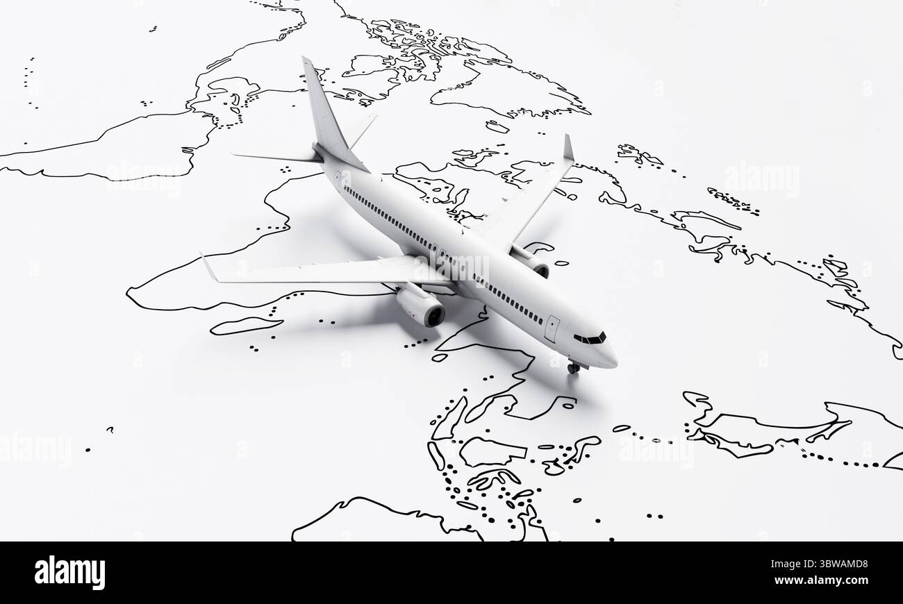 Plane flies above white paper map of the world travel background ...