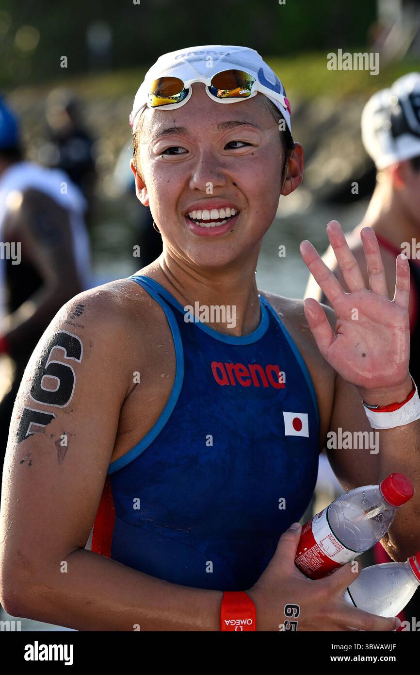 Ichika Kajimoto of Japan reacts at the end of the Open Water swimming Women's 10km Final of the ...