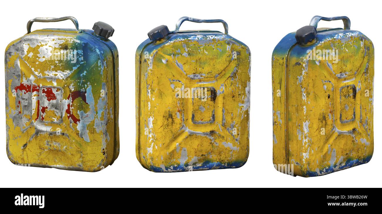 An old metal gas canister. The container is stained with paint ...