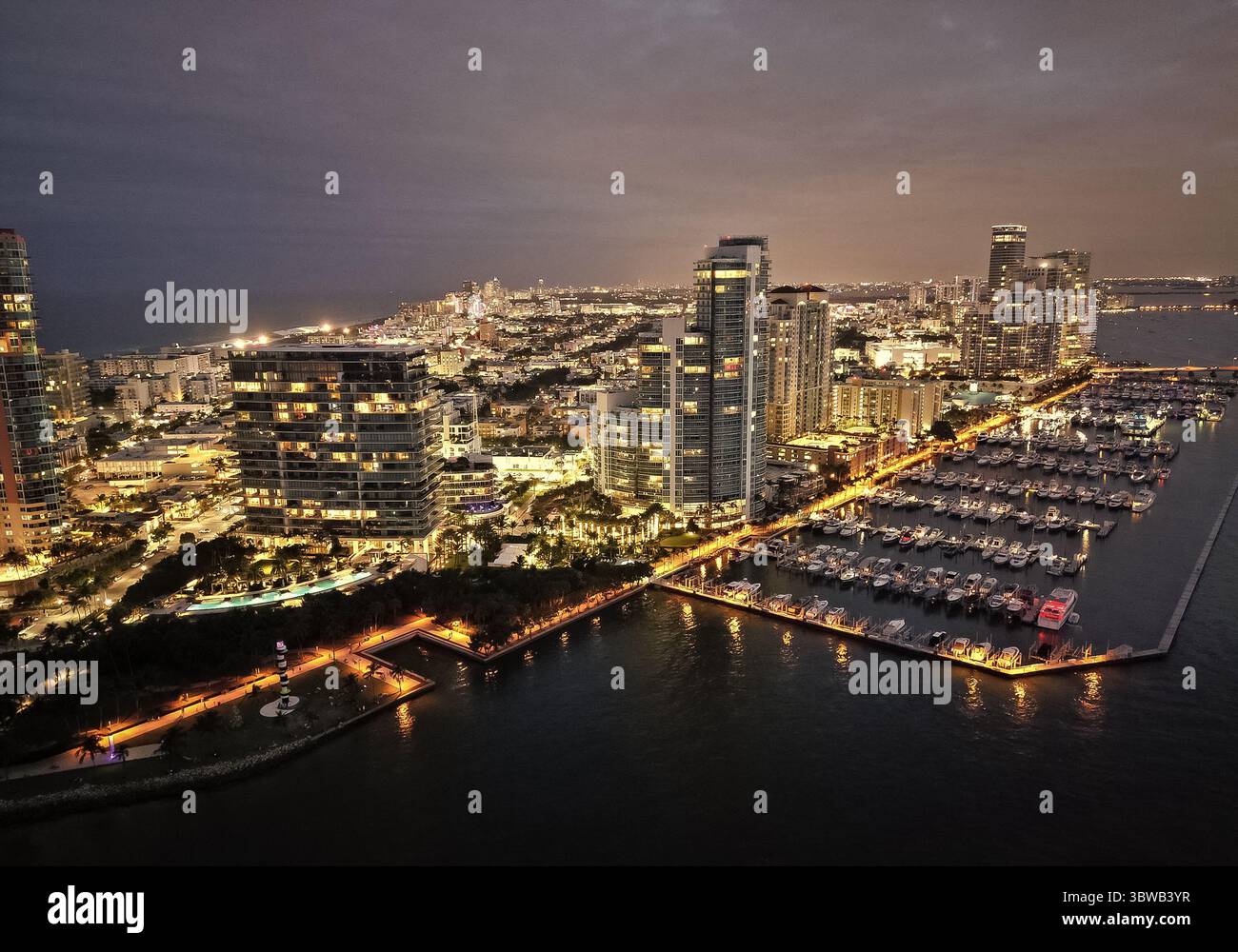 Miami south beach view. Yacht club. Marina in night Miami. Downtown ...