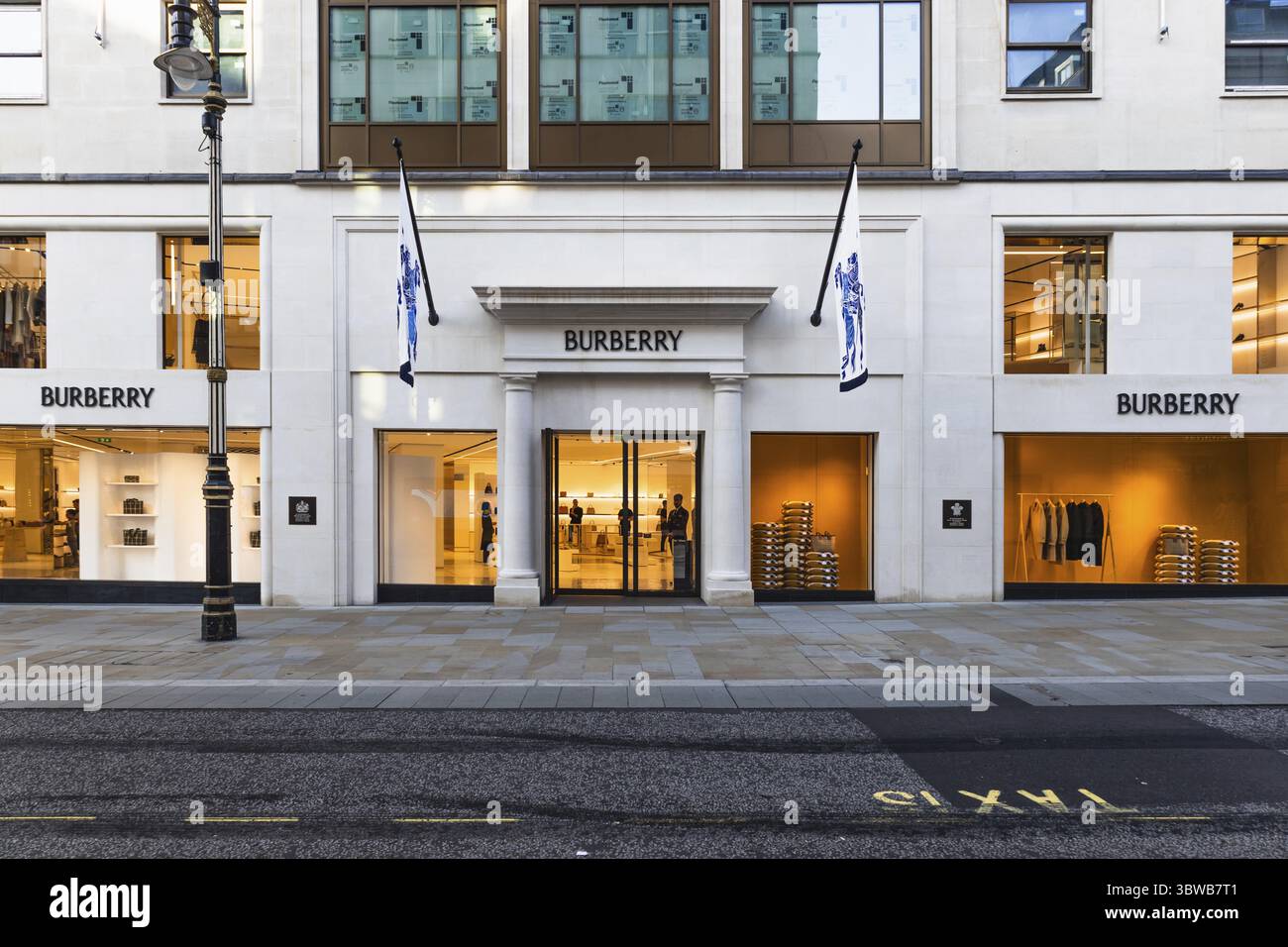 Burberry retail store exterior with chic architecture, refined branding, and luxurious window ...