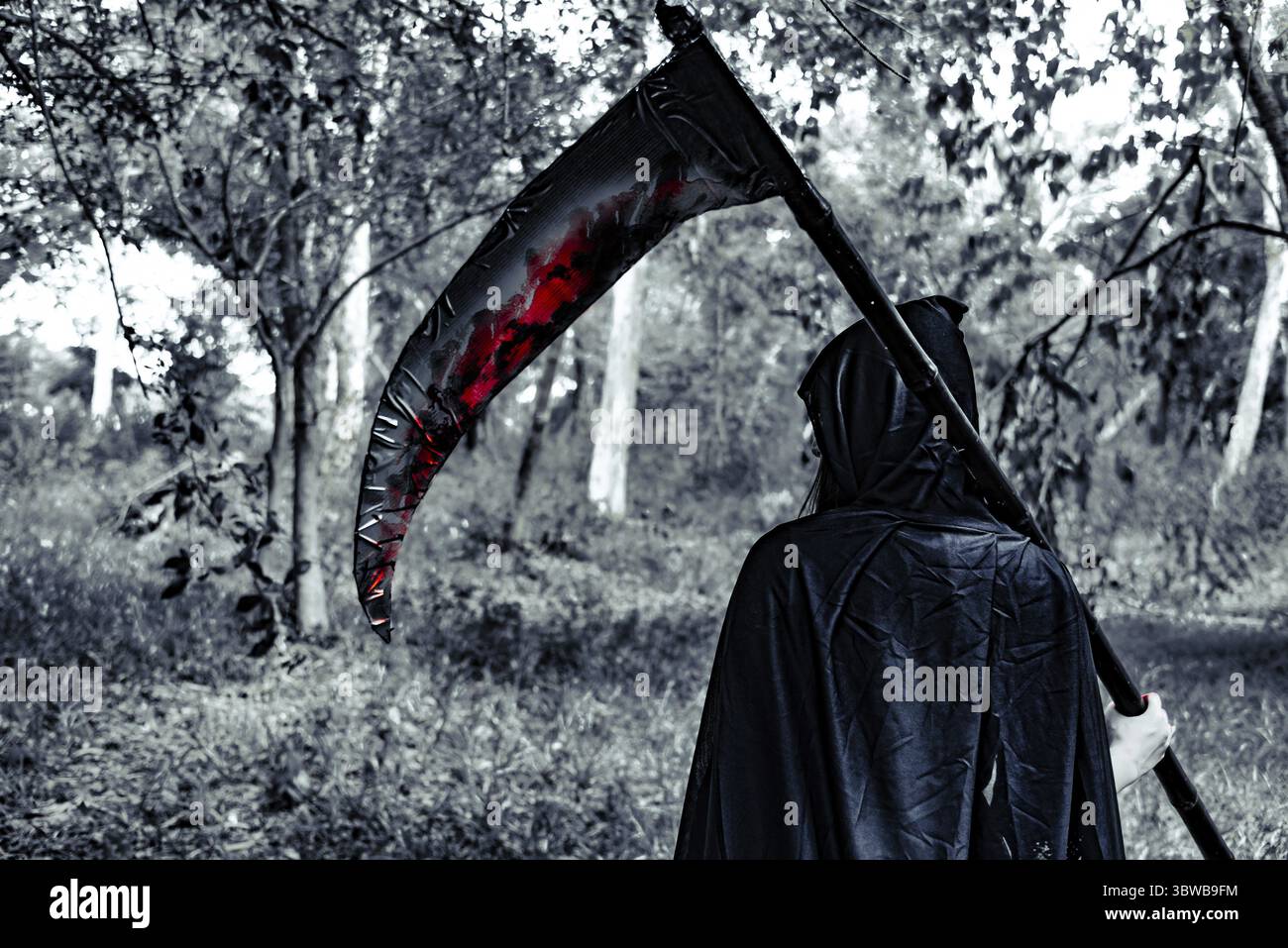 Back view of demon witch with reaper and blood in the mystery forest ...