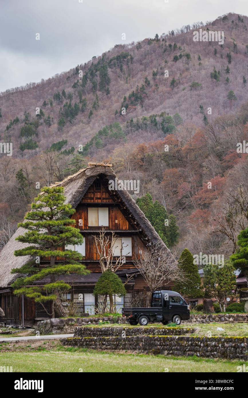 Traditional Gassho-style farmhouse in Shirakawa-go, Japan, with a small ...