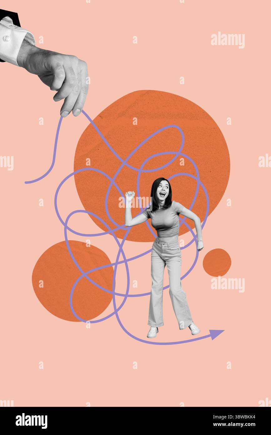 Collage of funny person navigating tangled lines symbolizing confusion ...