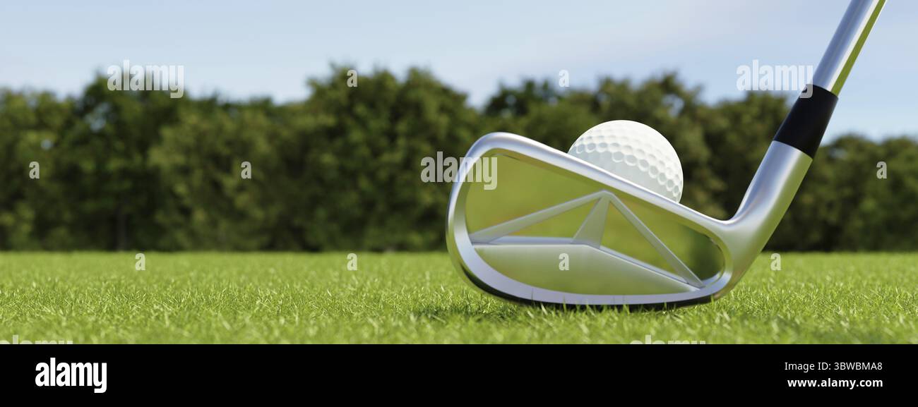 Golf ball on tee and golf club with fairway green background. Sport and ...