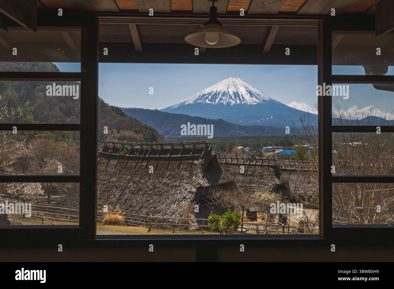 Stunning view of Mount Fuji from a traditional Japanese house window ...