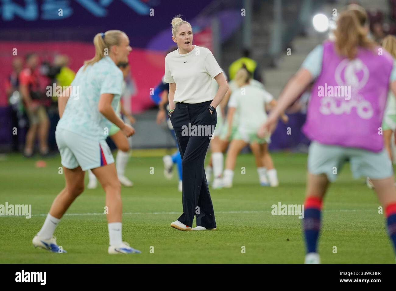 Norway head coach Gemma Grainger, centre, walks on the pitch ahead of ...