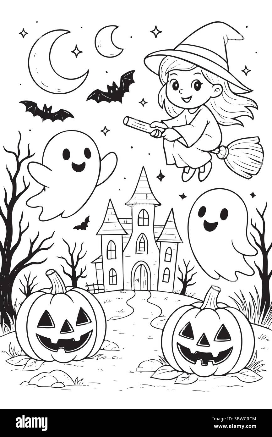 Halloween witch flying over haunted house with pumpkins and ghosts ...