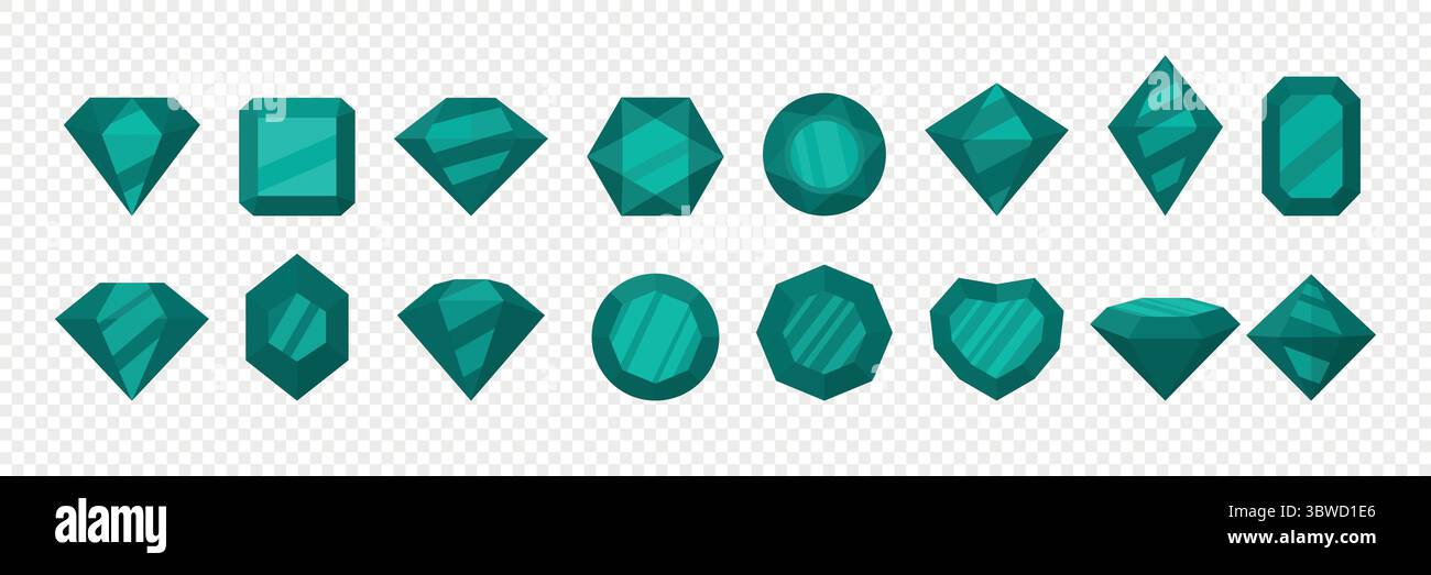 Gemstone Vector Set. Cartoon Green Gemstone Icons with Different Cuts and Facets. Shiny Emerald ...