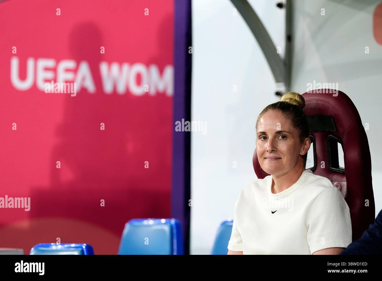 Norway head coach Gemma Grainger with the UEFA branding behind before ...