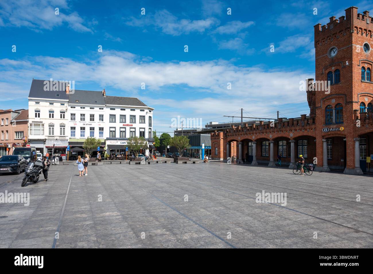 Railway station square and facade in Aalst, East Flemish Region ...