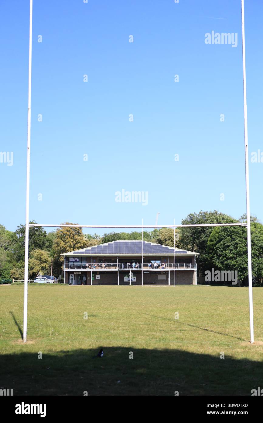 Chichester Rugby club clubhouse solar paenls on roof with rugby posts ...