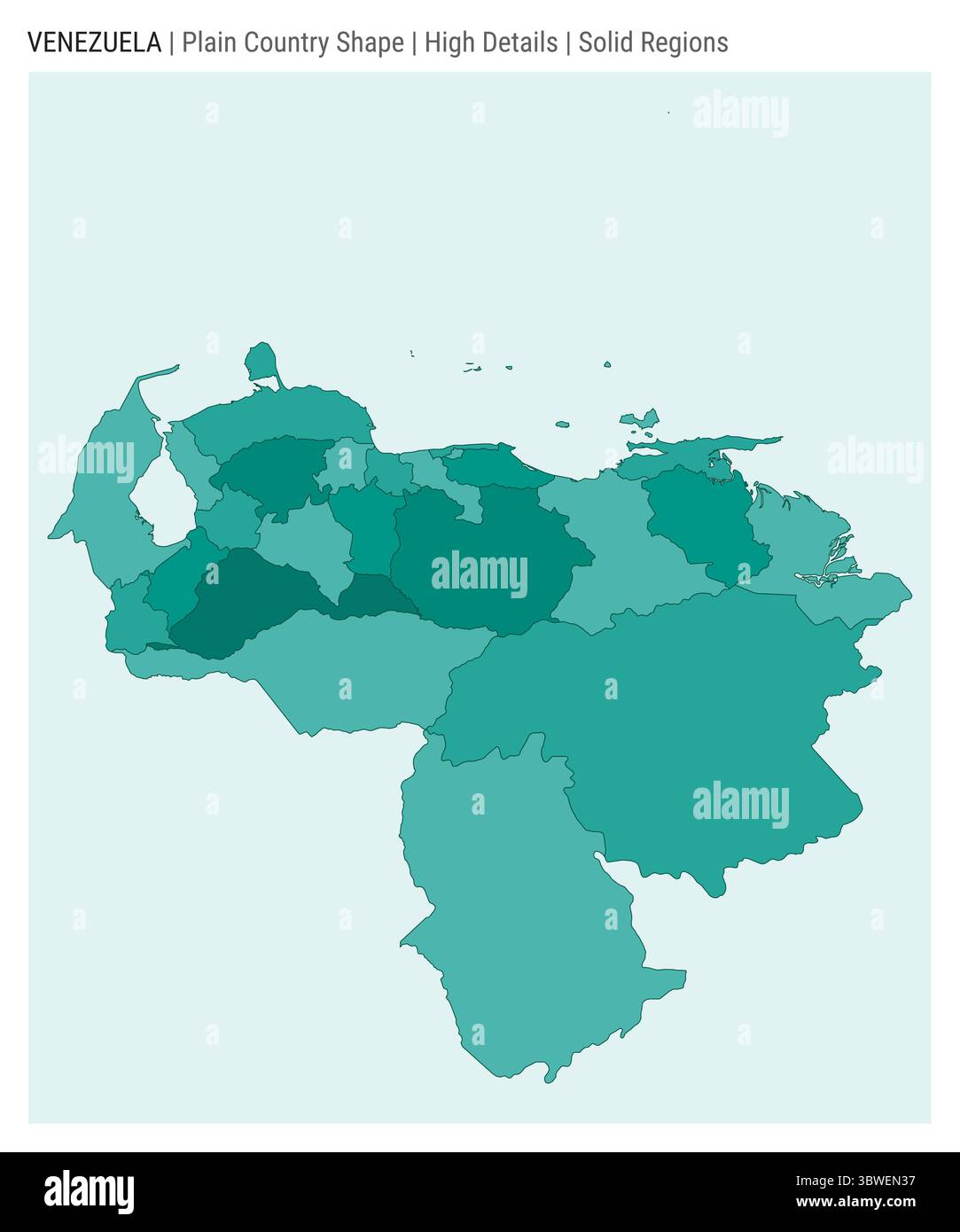 Venezuela plain country map. High details. Solid regions style. Shape ...