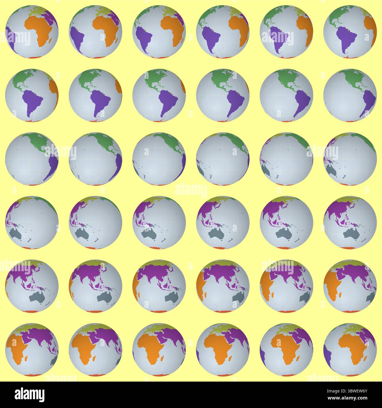 Collection of globes. Normal sphere view. Rotation step 10 degrees. Colored continents style ...