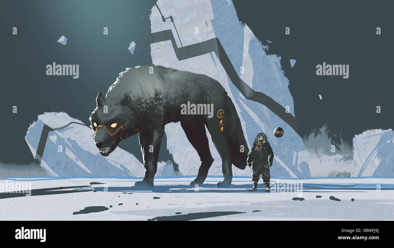 A futuristic explorer stands beside a massive glowing-eyed beast in a ...