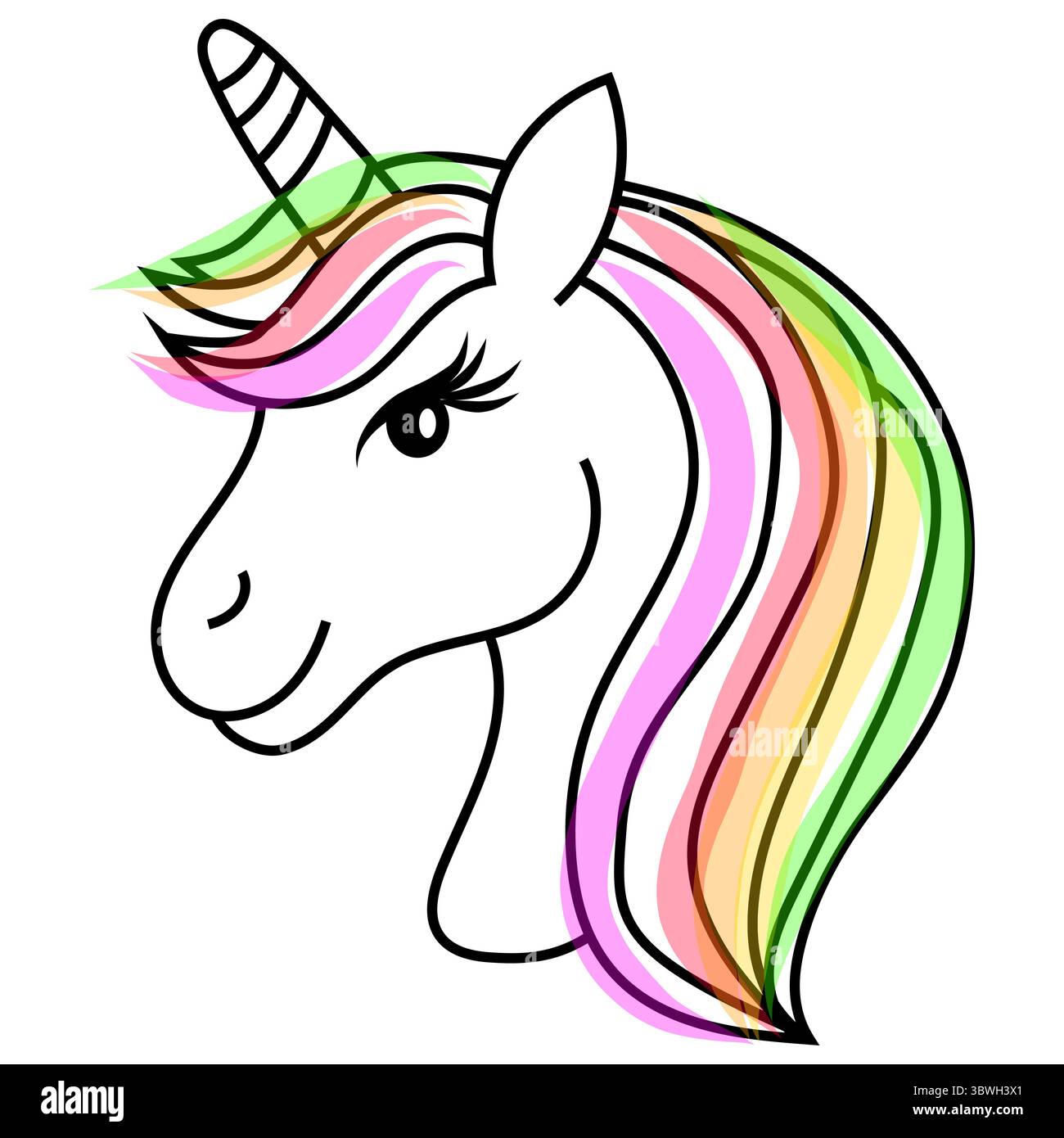 Mythical creature illustration. Unicorn head art. Colorful mane Vector ...