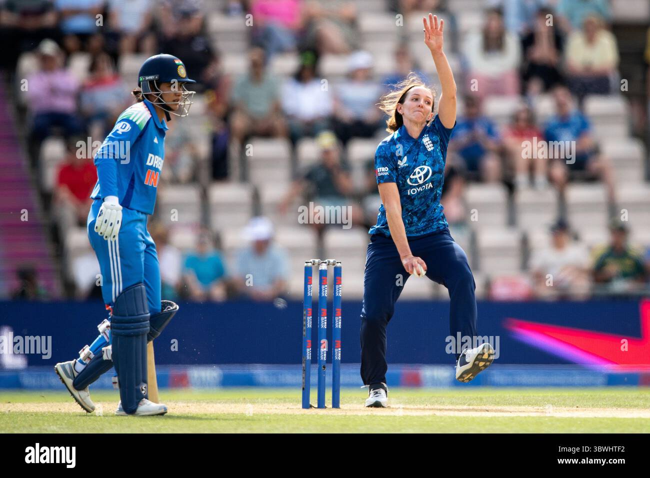 Southampton, UK, 16 July 2025. Kate Cross of England bowling during the ...