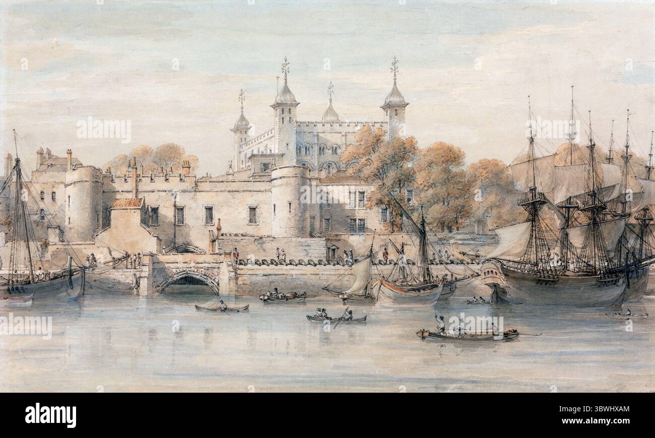 View of The Tower of London and River Thames 1807, Watercolour Pen and ...