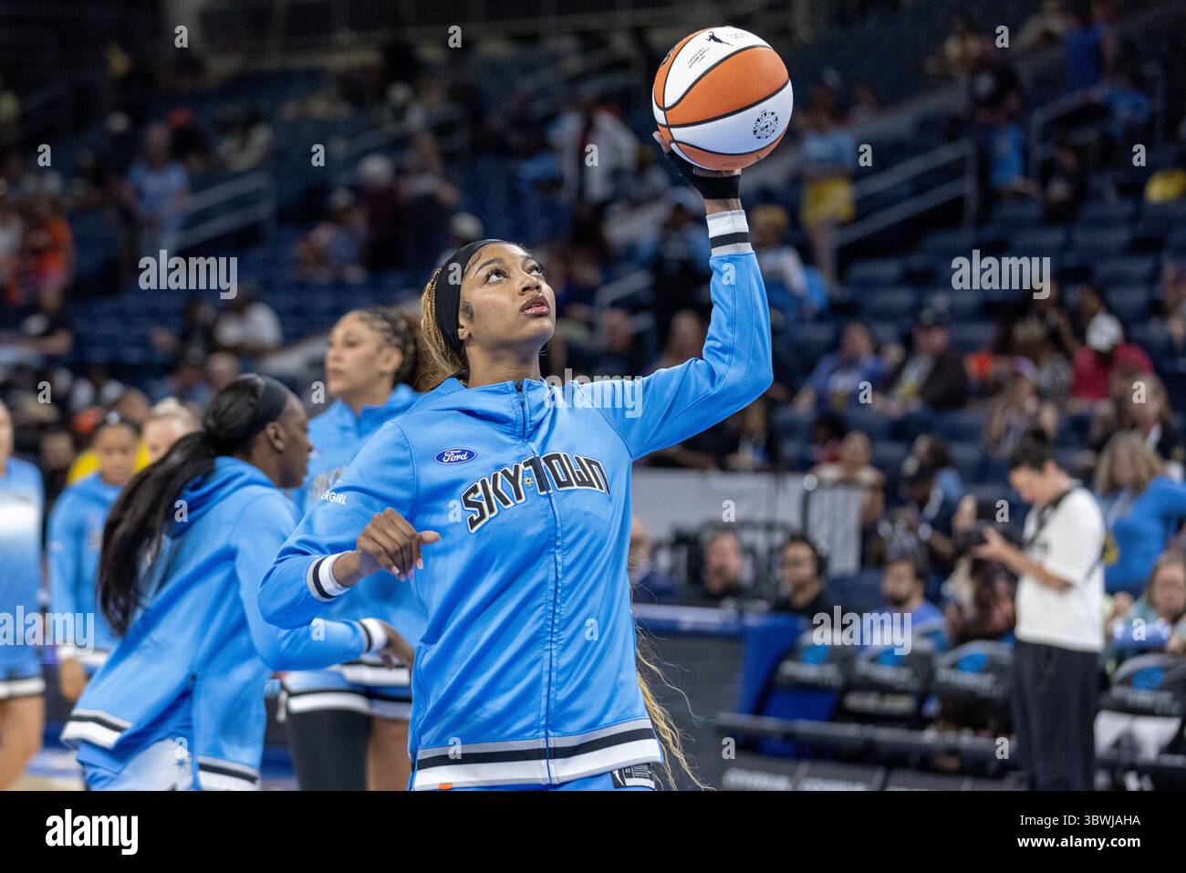 Chicago Sky forward Angel Reese (5) grabs a rebound during warmups before the WNBA regular ...