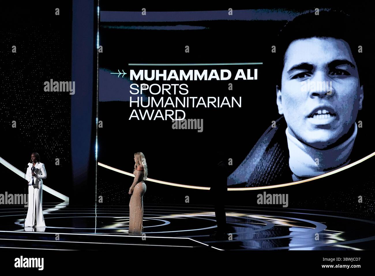 Sloane Stephens, left, speaks next to Ciara while accepting the Muhammad Ali Sports Humanitarian ...