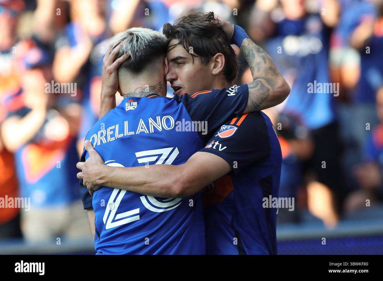 Cincinnati, Ohio, USA. 16th July, 2025. FC Cincinnati's Gerardo Dado Valenzuela (right) hugs ...